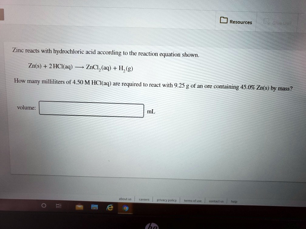 resources zinc reacts with hydrochloric acid according to the reaction equation shown zns 2 ...