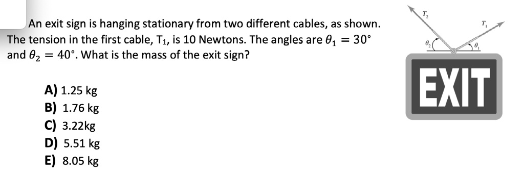 An exit sign is hanging stationary from two different cables, as shown ...