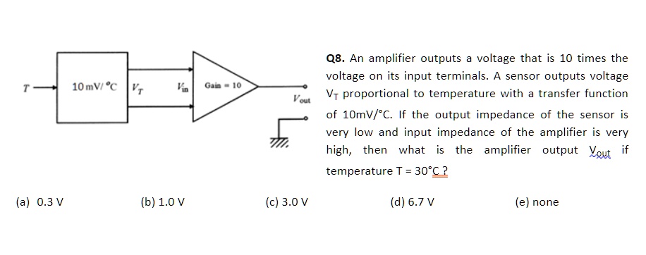 Q8. An amplifier outputs a voltage that is 10 times the voltage on its input terminals. A sensor ...