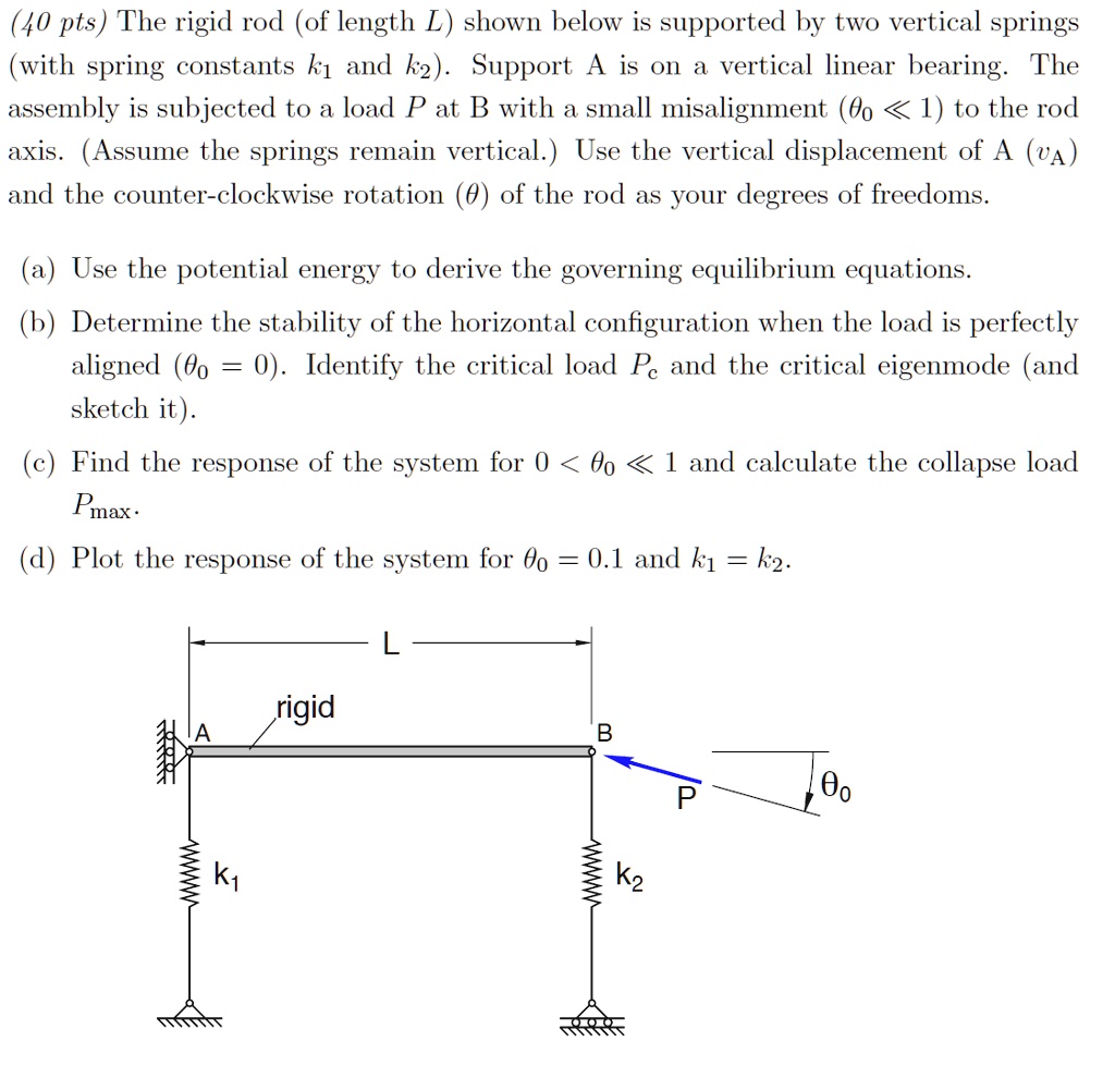 (40 pts) The rigid rod (of length L) shown below is supported by two ...