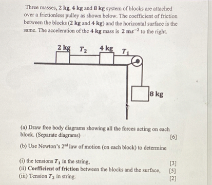 Three masses, 2 kg, 4 kg and 8 kg system of blocks are attached over a ...