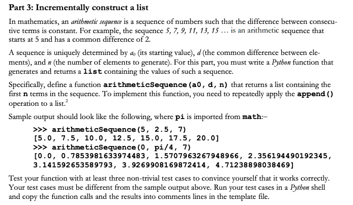 Solved Part 3 Incrementally Construct List In Mathematics An Arithmetic Sequence Is A