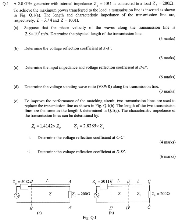 SOLVED: Q.1 A 2.0 GHz generator with internal impedance Z = 50 is connected to a load Z = 200 ...