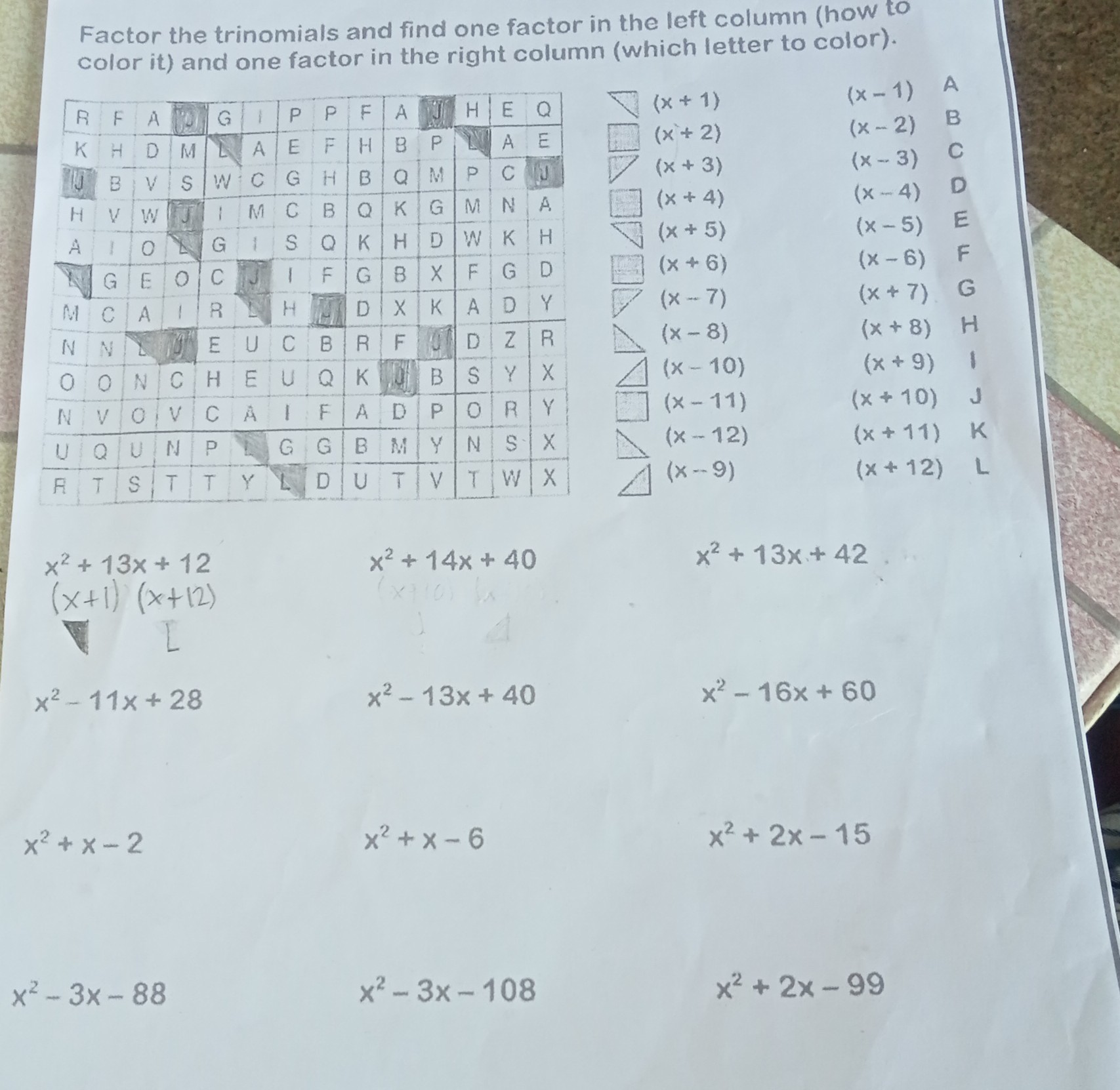 Factor The Trinomials And Find One Factor In The Left Column how To