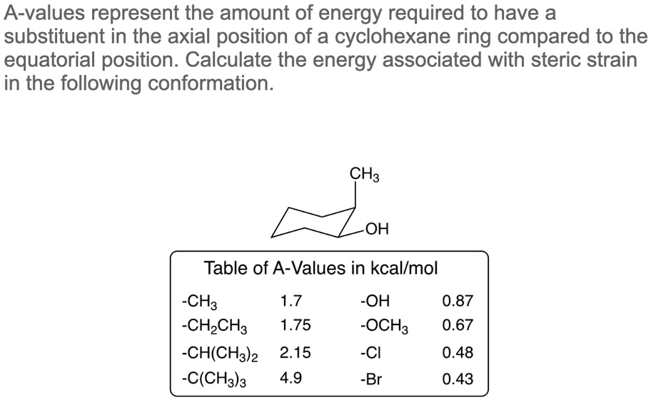 SOLVED: A-values represent the amount of energy required to have a ...