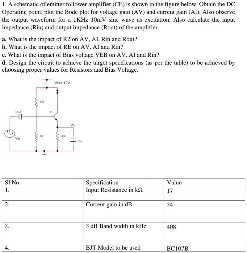 1. A schematic of emitter follower amplifier (CE) is shown in the figure below. Obtain the DC ...