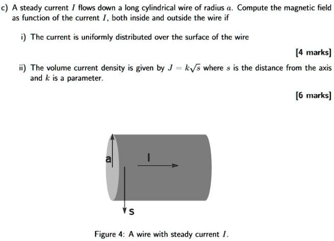 c) A steady current I flows down a long cylindrical wire of radius a. Compute the magnetic field ...