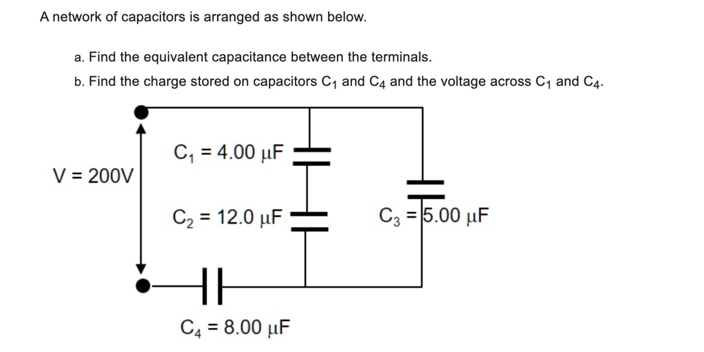 A network of capacitors is arranged as shown below. a. Find the equivalent capacitance between ...