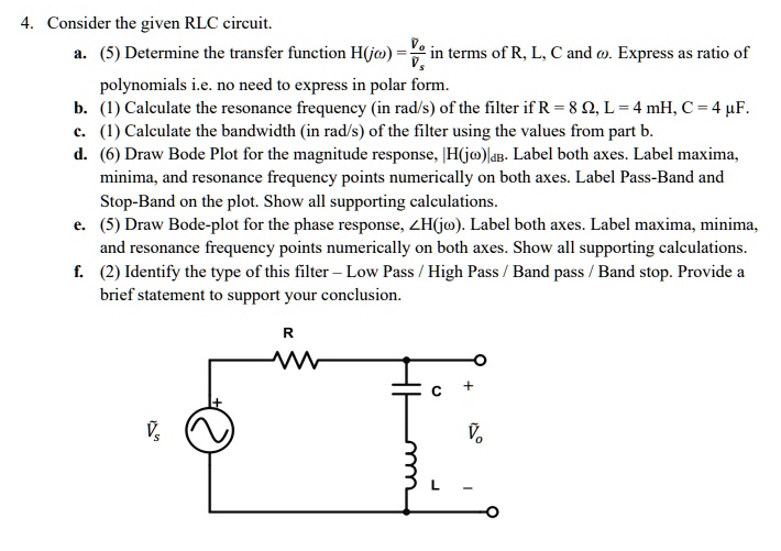 SOLVED: 4. Consider the given RLC circuit. a. Determine the transfer function H(jw) = Vs ...