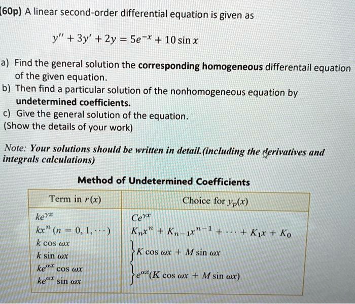 SOLVED: Text: Differential Equation 60p) A linear second-order differential equation is given as ...