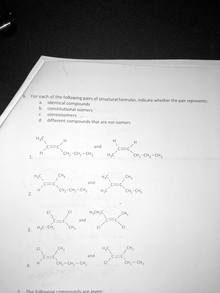 SOLVED: For each of the following ` pairs of structural formulas, indicate whether the pair ...