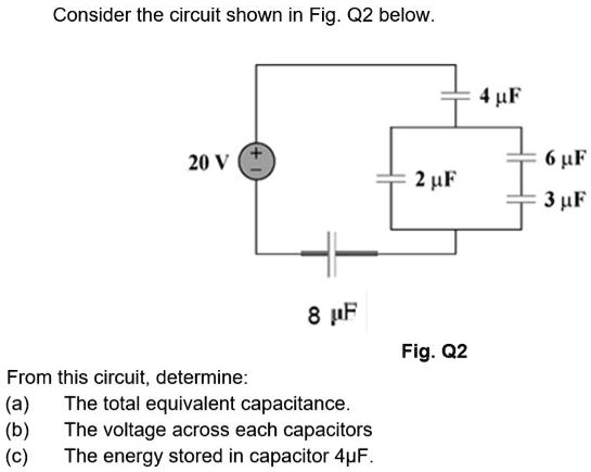 SOLVED: Consider the circuit shown in Fig. Q2 below: 4F 20Î© 6F 2Î¼F 3Î¼F 8Î¼F Fig. Q2 From this ...