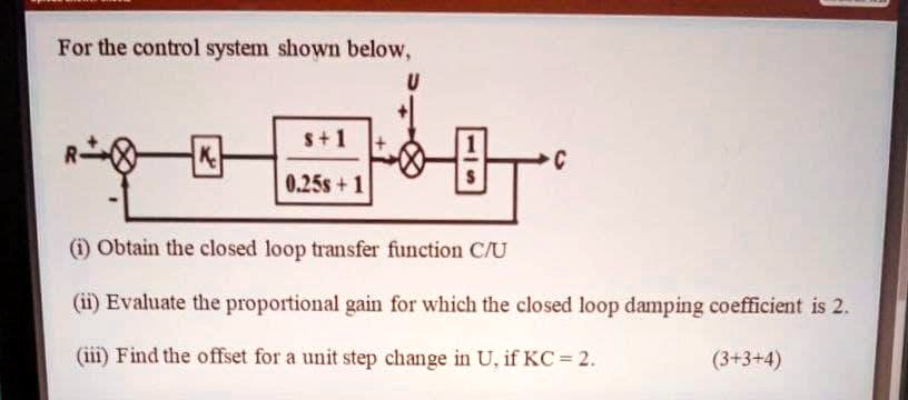 For the control system shown below, U s + 1 + R K c 1 C 0.25s + 1 S (i ...