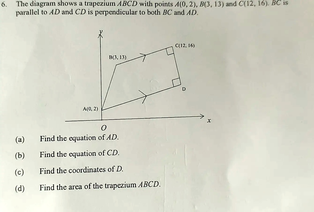 6. The diagram shows a trapezium ABCD with points A(0, 2), B(3, 13) and ...