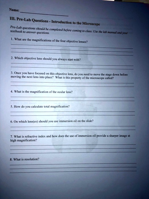 SOLVED: Pre-Lab Questions: Introduction to the Microscope Pre-Lab questions should be completed ...