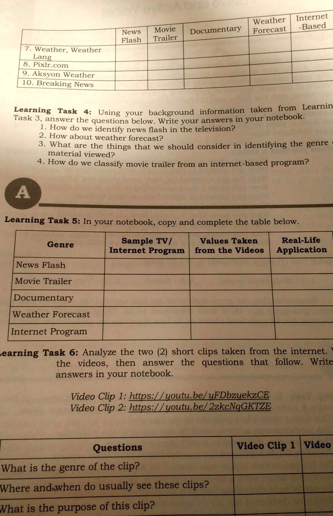 yung learning task 5 po paki sagot weather internet movie forecast based news documentary flash ...