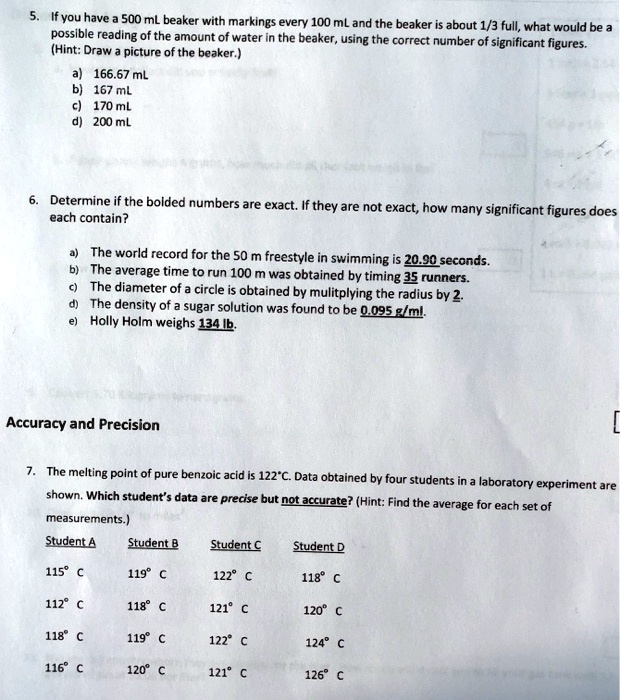 5. If you have a 500 mL beaker with markings every 100 mL and the ...