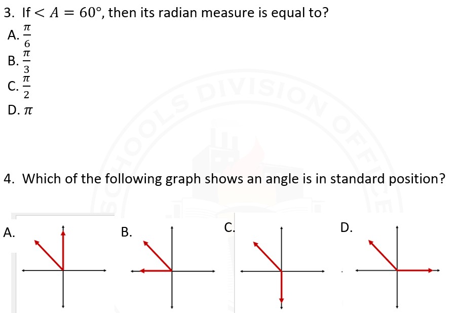 SOLVED: 3. If ∠ A=60^∘, then its radian measure is equal to? A. (π)/(6 ...