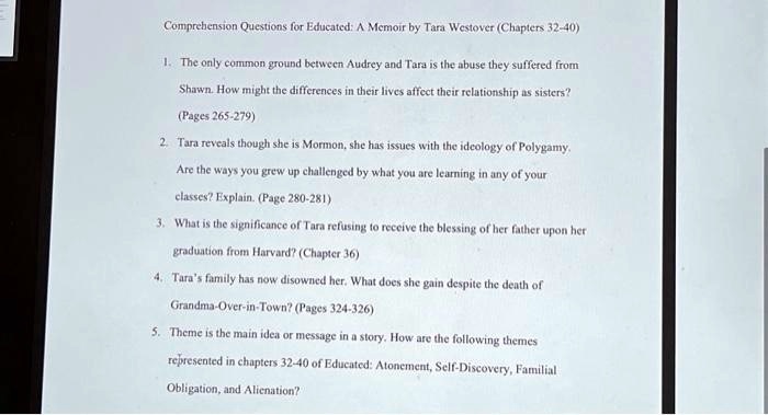 Comprehension Questions for Educated: A Memoir by Tara Westover ...