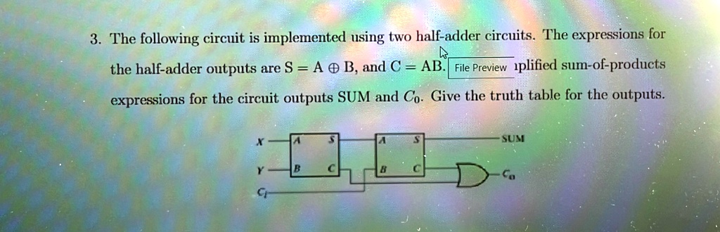 [GET ANSWER] 3. The following circuit is implemented using two half-adder circuits. The ...