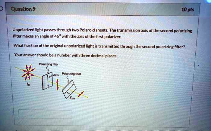 SOLVED: Question 9 10 pts Unpolarized light passes through two Polaroid sheets The transmission ...