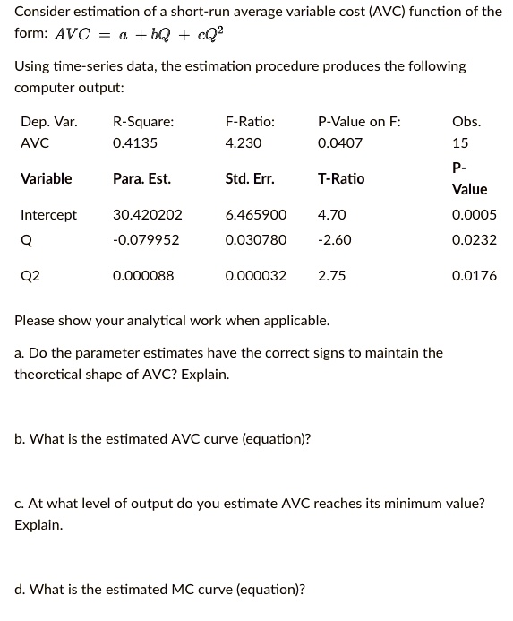 Consider estimation of a short-run average variable cost (AVC) function of the form: AVC = a ...