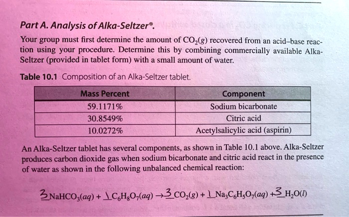 SOLVED: Part A: Analysis of Alka-Seltzer Your group must first ...