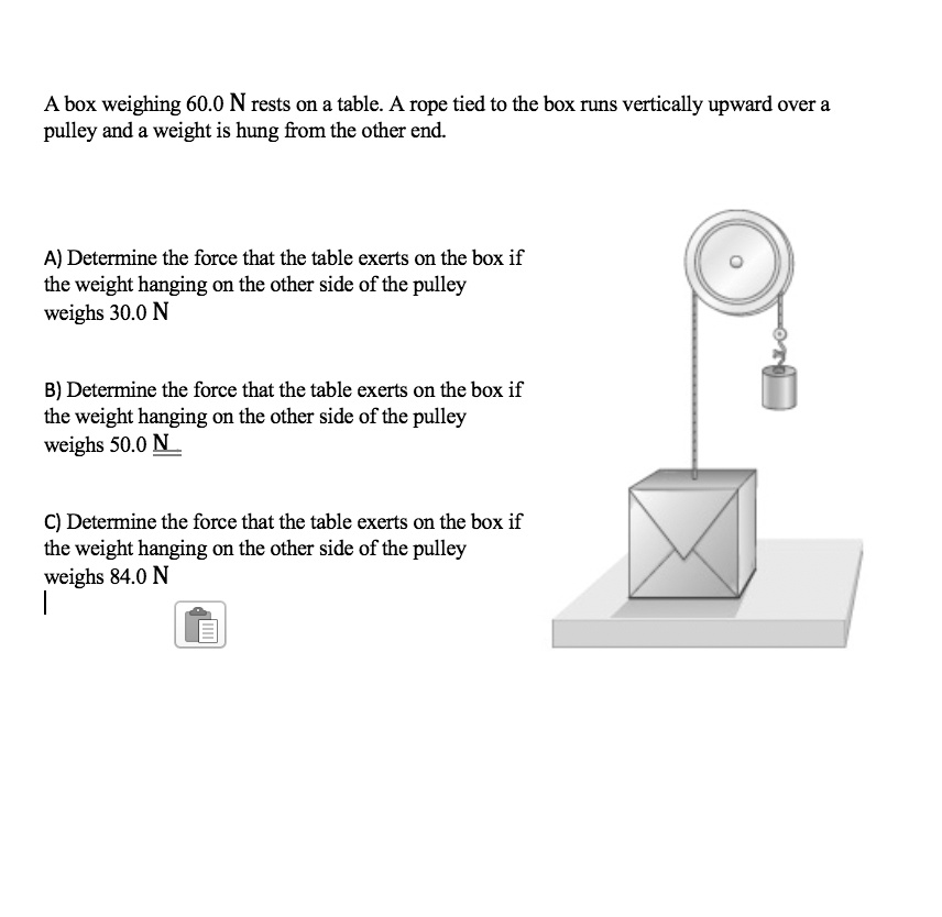 SOLVED: A box weighing 60.0 N rests on table A rope tied to the box ...