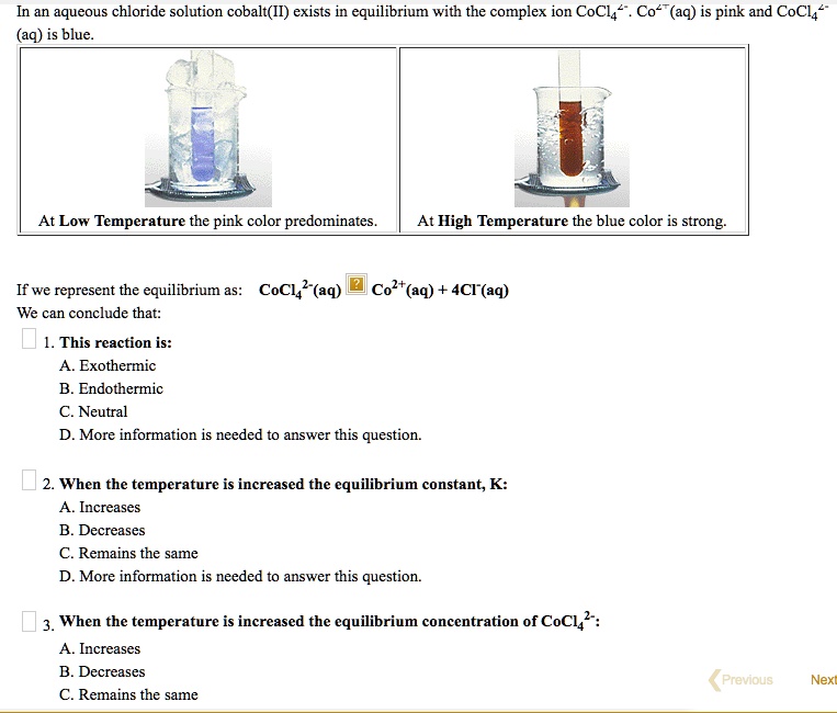 SOLVED:In an aqueous chloride solution cobalt(II) exists in equilibrium ...
