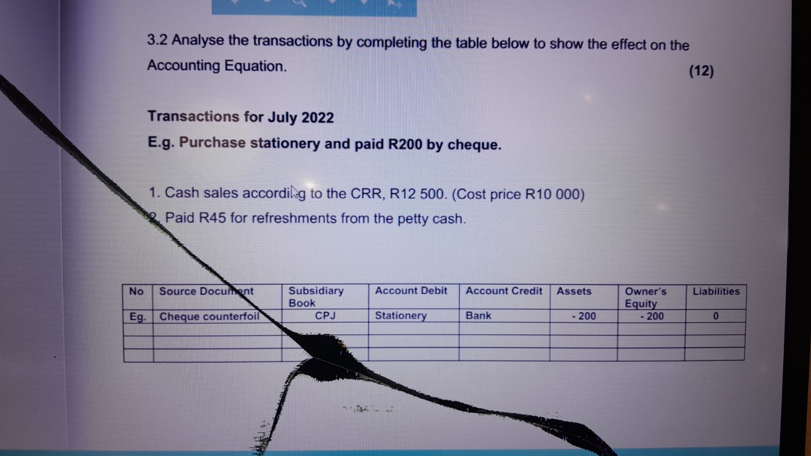 SOLVED: 3.2 Analyse the transactions by completing the table below to ...