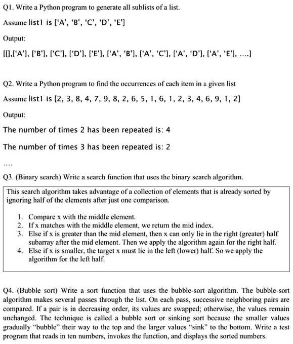 Solved Q1 Write A Python Program To Generate All Sublists Of A List Assume List1 Is Abcde