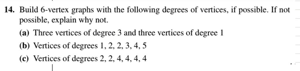 14. Build 6-vertex graphs with the following degrees of vertices, if possible. If not possible ...