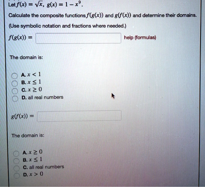 Let f(x) = √(x), g(x) = 1 - x^9. Calculate the composite functions f(g(x)) and g(f(x)) and ...