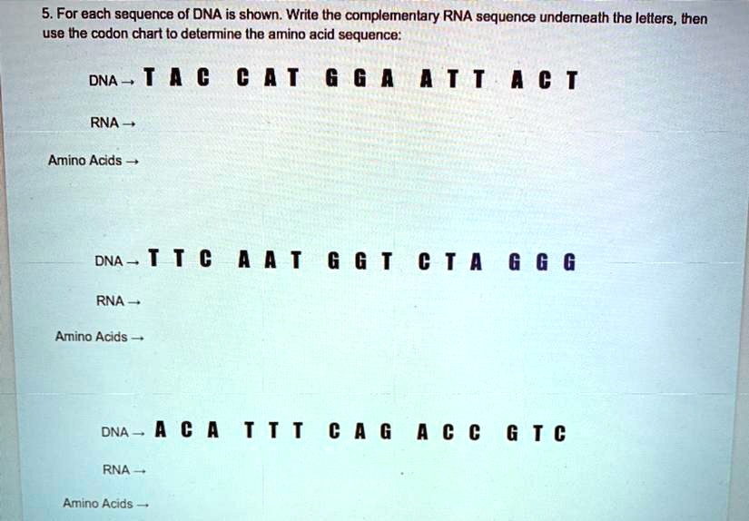 SOLVED: PLS HELP......DNA, RNA, codon chart 5. For each sequence of DNA is shown: Write the ...