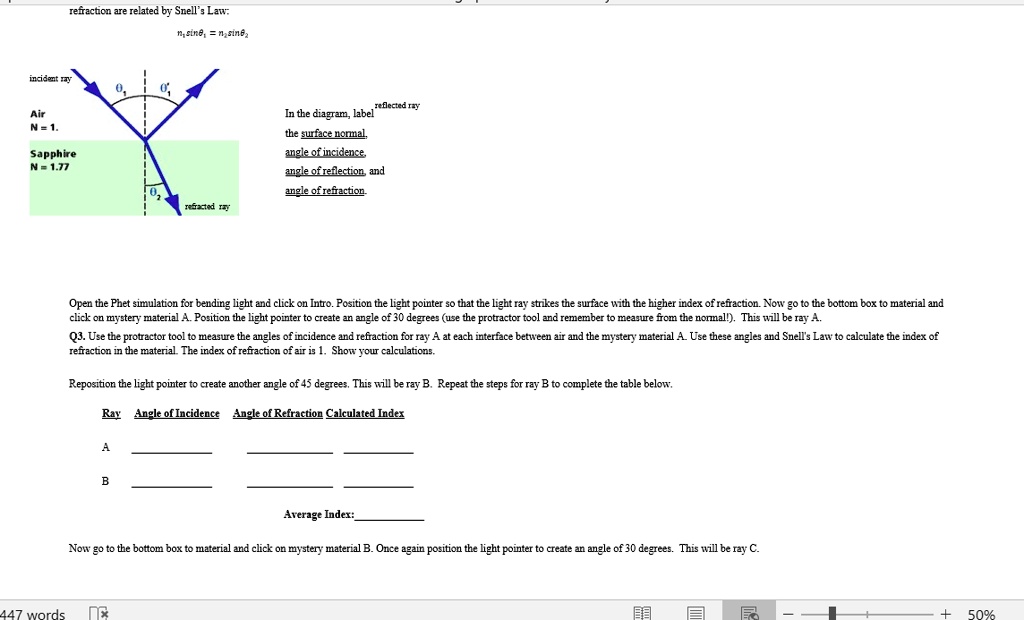 refraction are related by Snell's Law: n1 sinθ1 = n2 sinθ2 incident ray θ1 θ1' Air N = 1 ...