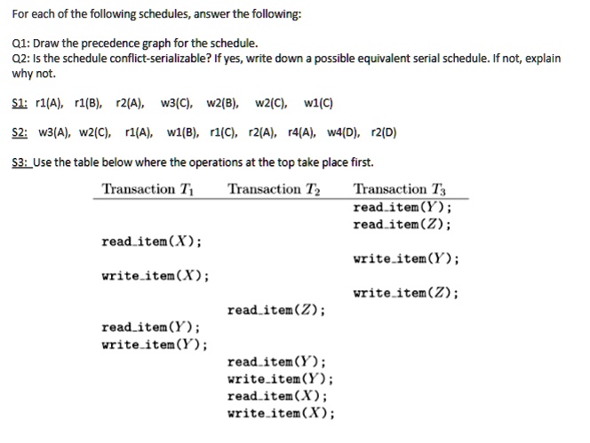 SOLVED: For each of the following schedules, answer the following: Q1: Draw the precedence graph ...