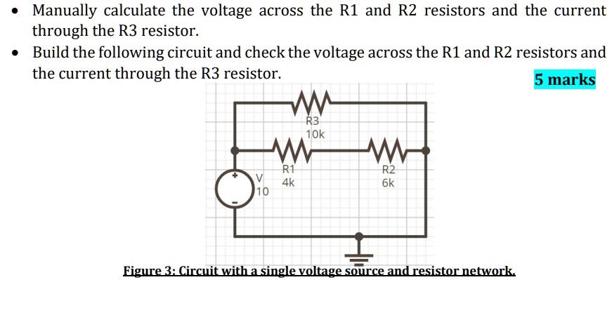 Manually calculate the voltage across the R1 and R2 resistors and the current through the R3 ...