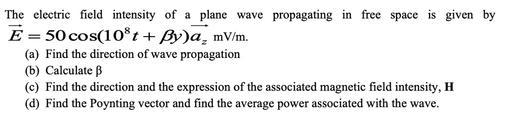 SOLVED: The electric field intensity of a plane wave propagating in ...