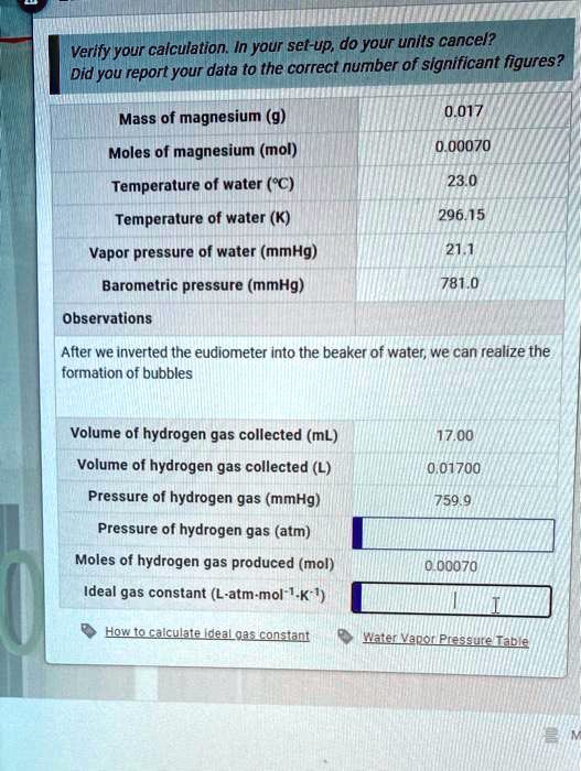 SOLVED: Please help me find the pressure of hydrogen gas (atm) and the ...