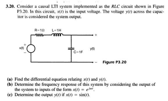 3.20. Consider a causal LTI system implemented as the RLC circuit shown in Figure P3.20. In this ...