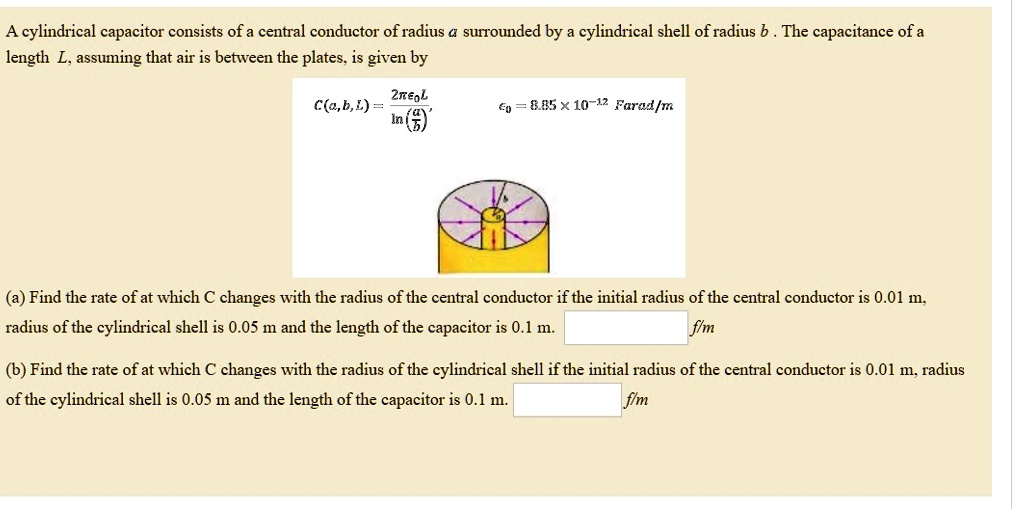 a cylindrical capacitor consists of a central conductor of radius ...