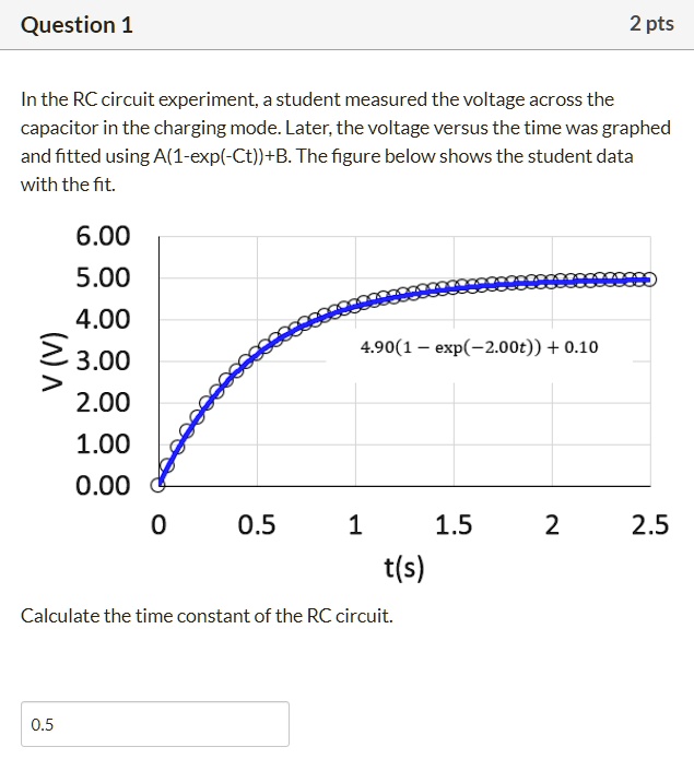 SOLVED: Question 1 2 pts In the RC circuit experiment; a student measured the voltage across the ...
