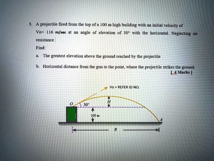 SOLVED: Projectile fired from the top of a 100 m high building with an ...