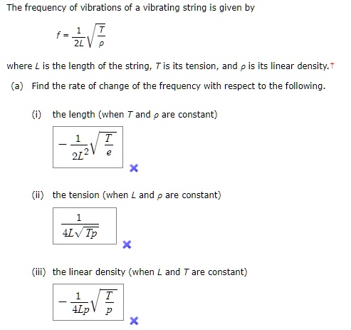 The frequency of vibrations of a vibrating string is given by f = (1)/(2L)√((T)/(ρ)) where L is ...