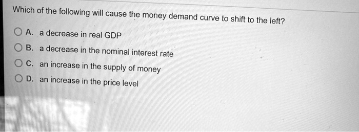 SOLVED: Which of the following will cause the money demand curve to shift to the left? A. a ...