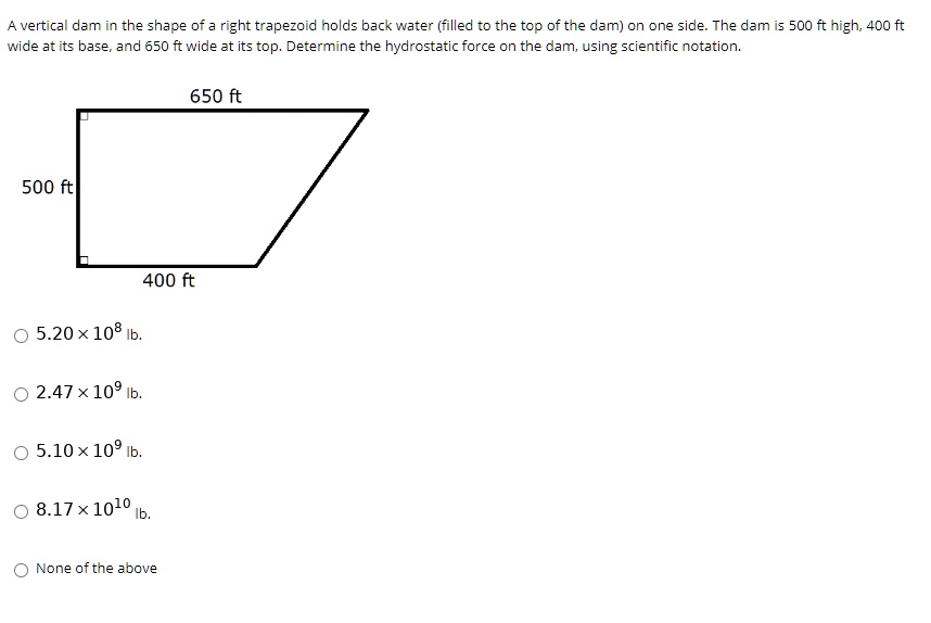 SOLVED: vertica dam in the shape of right trapezoid nolds back water ...