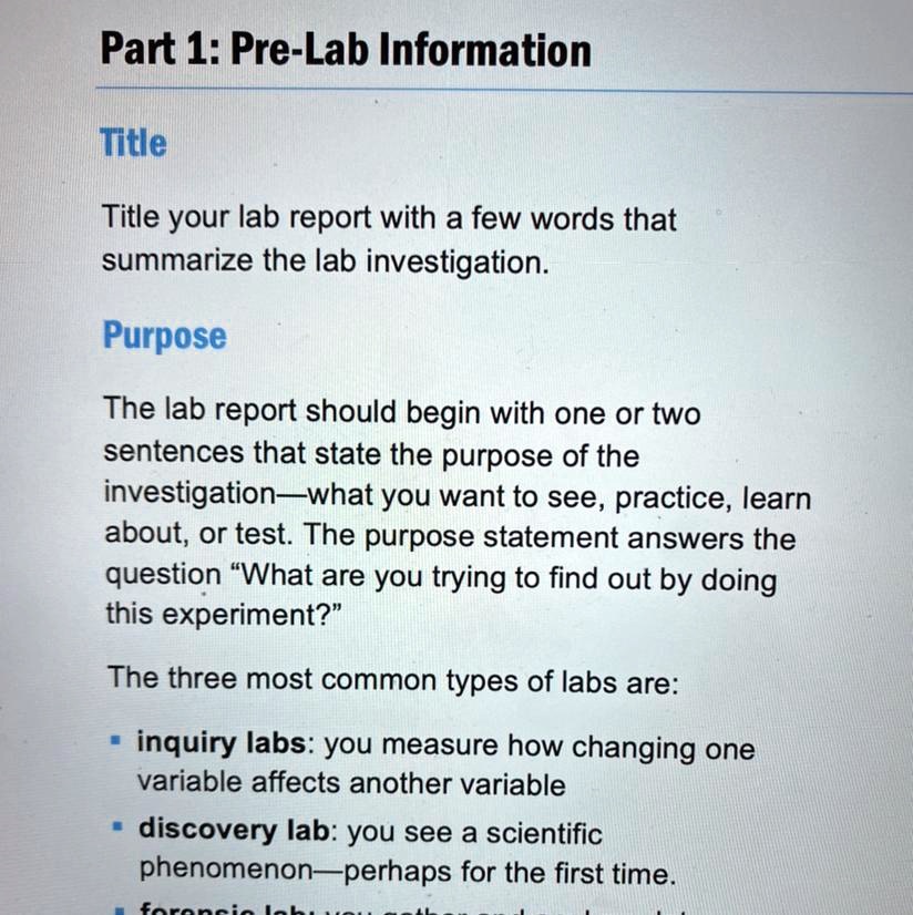 Part 1: Pre-Lab Information Title Title your lab report with a few ...