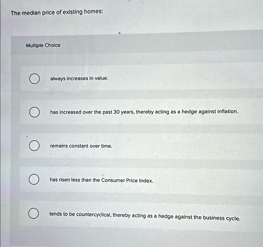 the median price of existing homes multiple choice always increases in ...