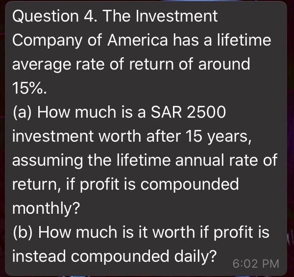 SOLVED: Question 4. The Investment Company of America has a lifetime ...