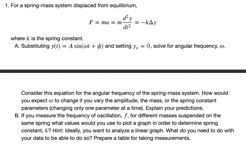 SOLVED: For a spring-mass system displaced from equilibrium: ma = F ...